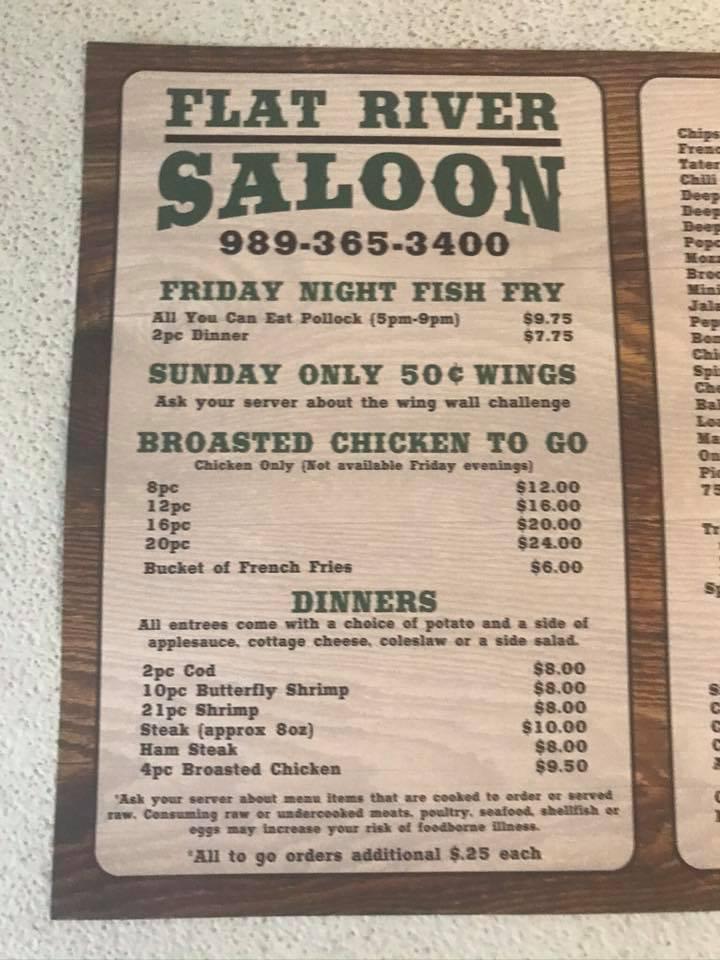 Menu at Flat River Saloon pub & bar, Six Lakes