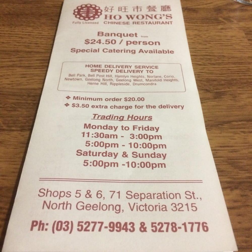 Menu at Ho Wong's fast food, Bell Park
