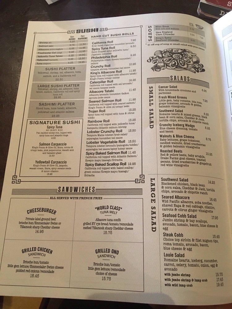 Menu at King's Fish House restaurant, Tempe