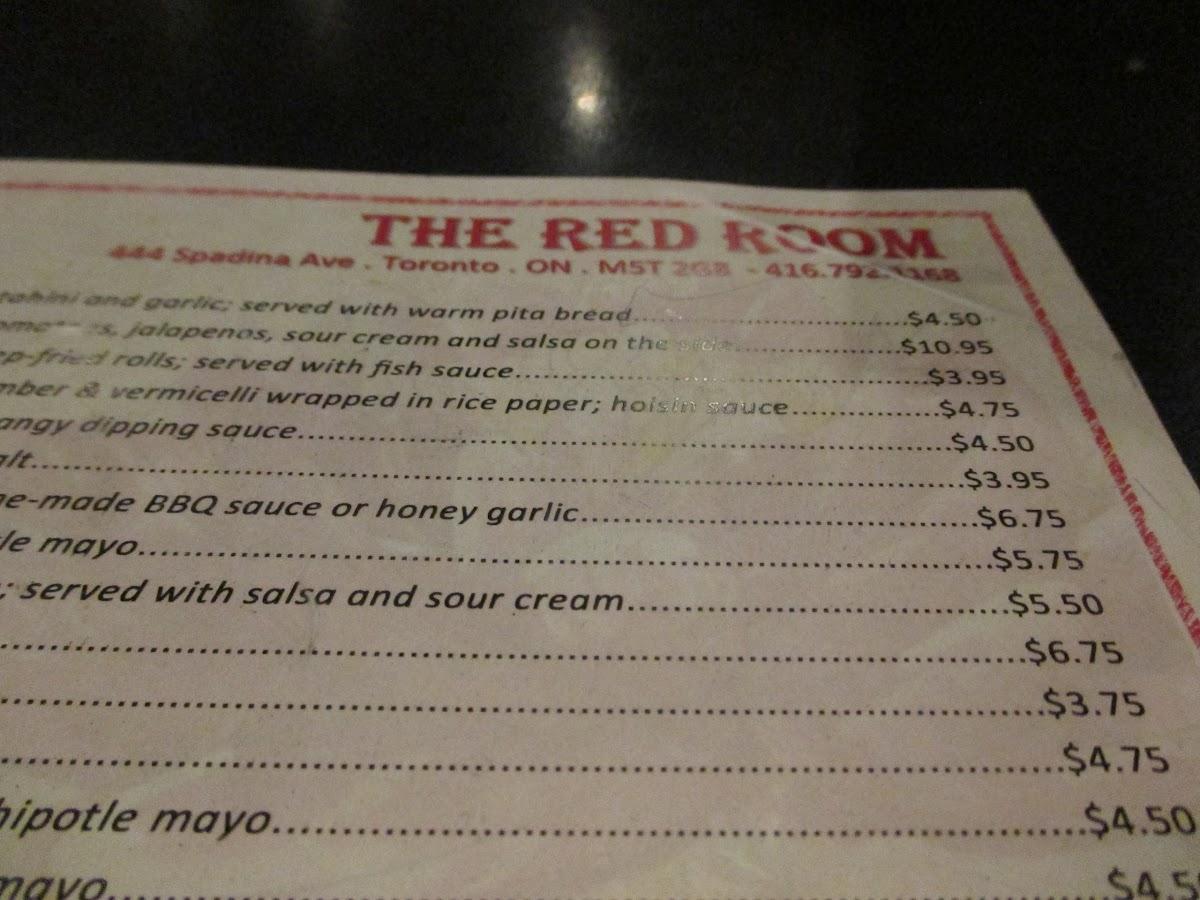 Menu at Red Room pub & bar, Toronto, 444 Spadina Ave.