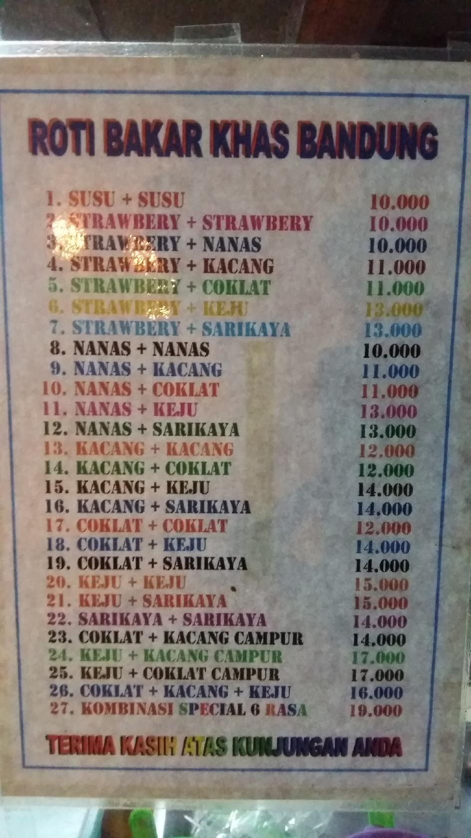 Menu at Roti Bakar Aneka Rasa, Pembataan
