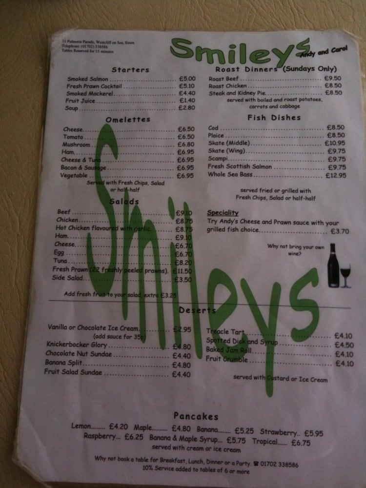 Menu at Smileys restaurant, Southend-on-Sea