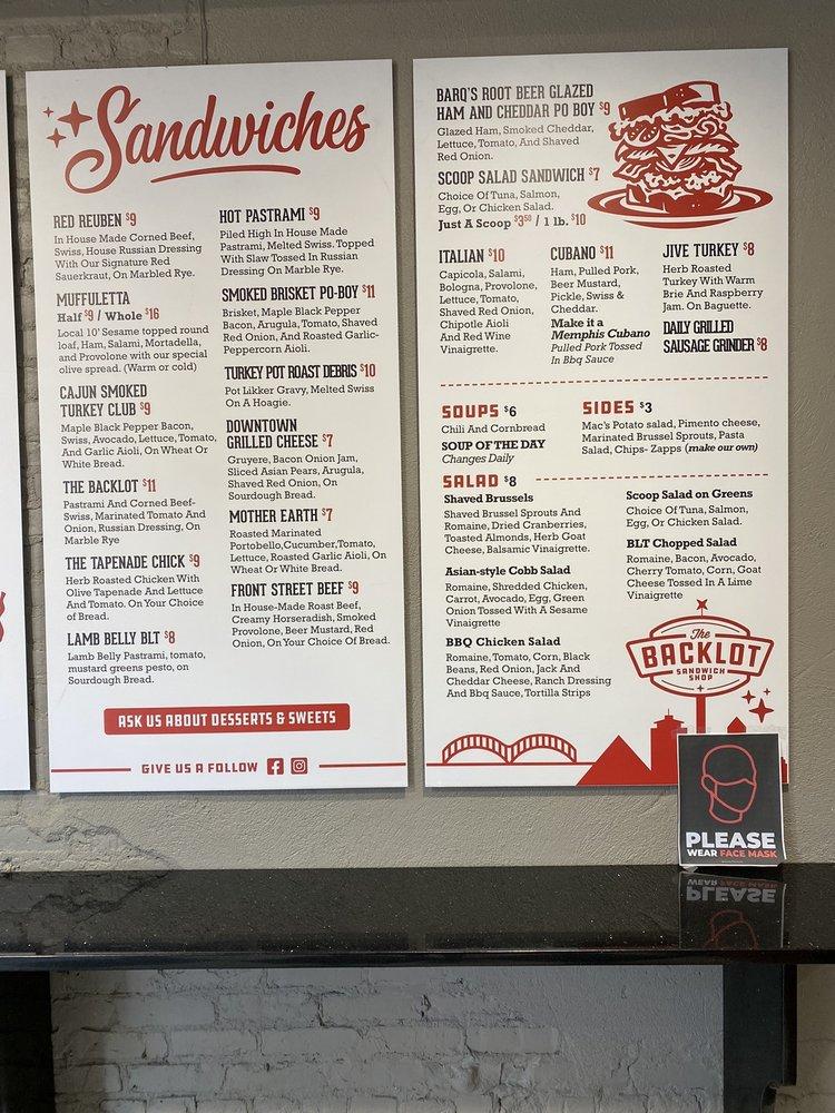 Menu at The Backlot Sandwich Shop, Memphis