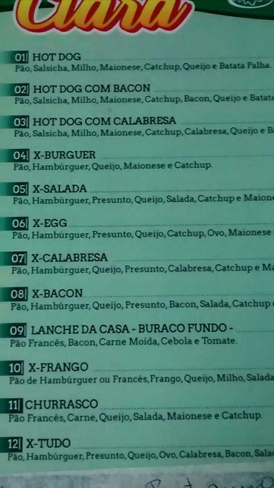 Menu at Trailer da Clara restaurant, Artur Nogueira