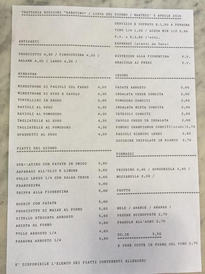 Menu da Trattoria Sabatino ristorante, Firenze