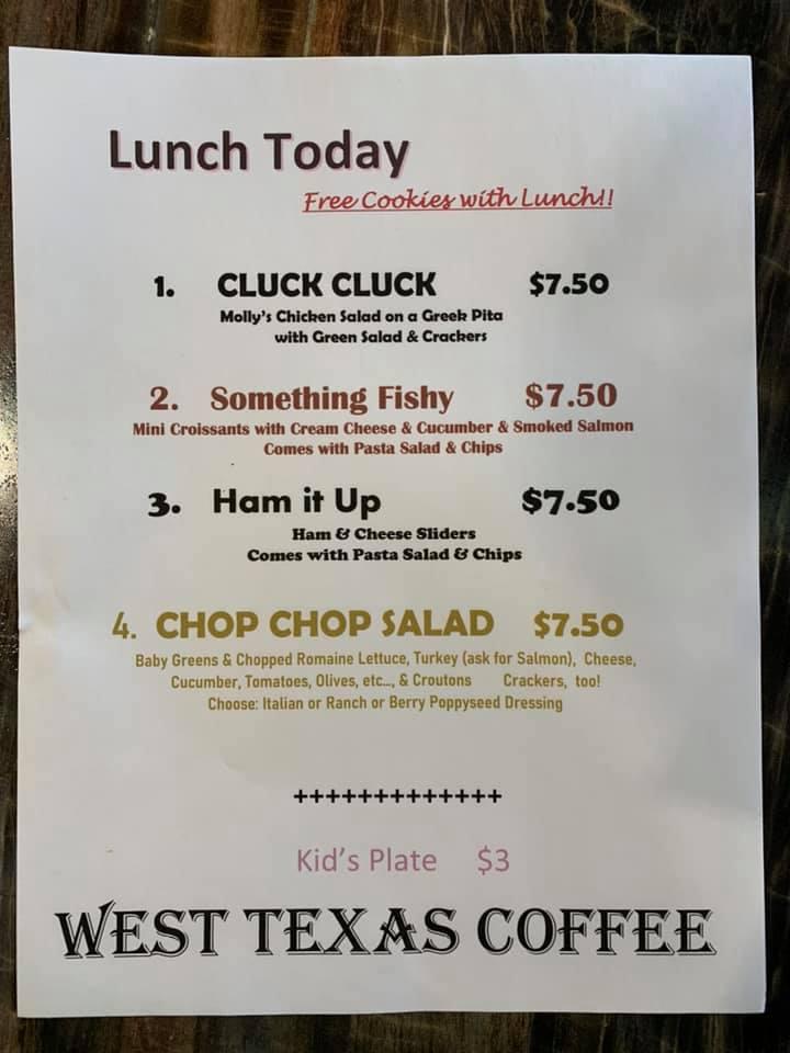 Menu at West Texas Coffee, Dimmitt