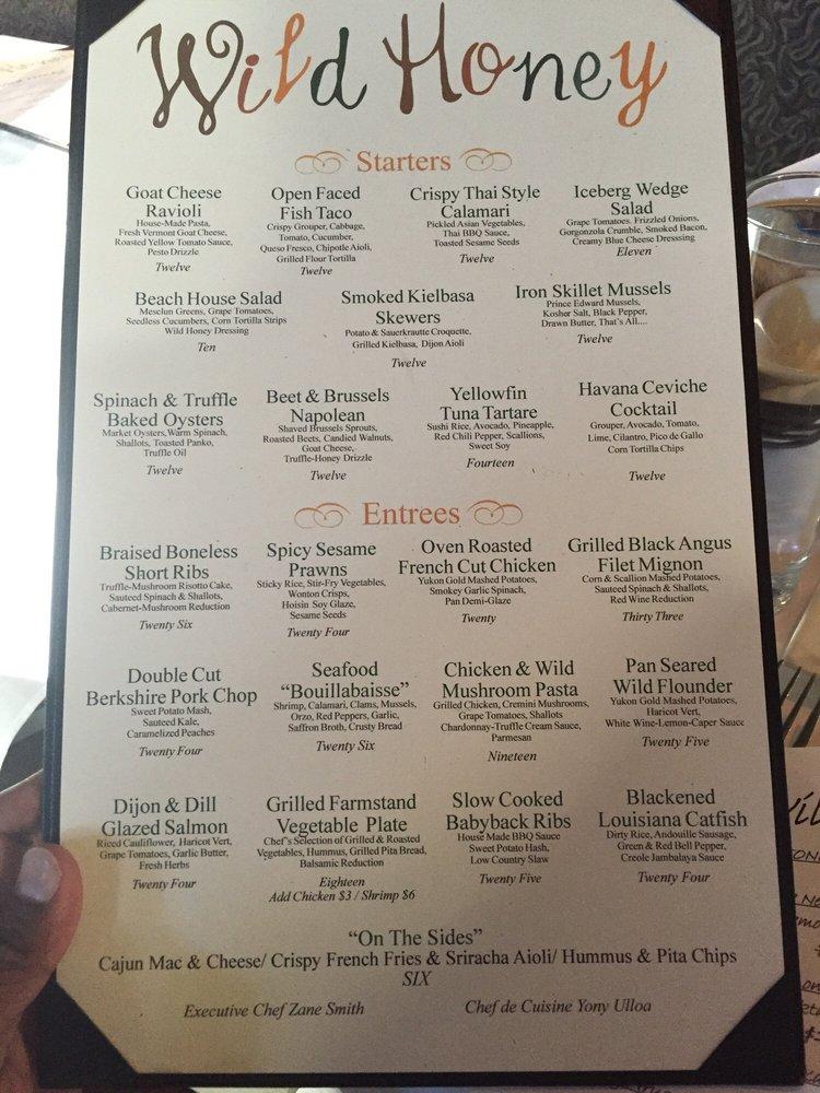 Menu at Wild Honey restaurant, Oyster Bay
