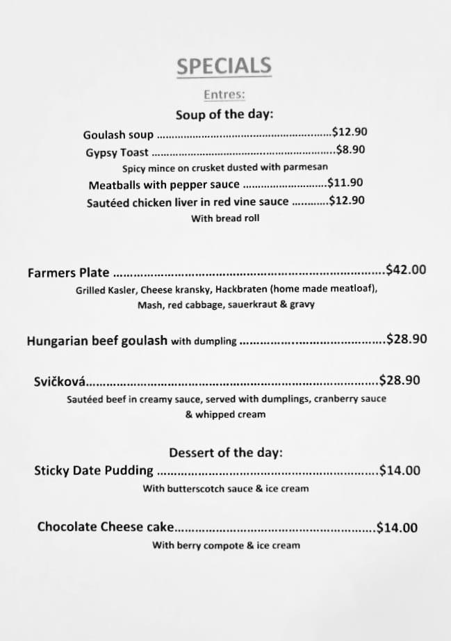 Menu at Bohemian Euro Restaurant, Narellan