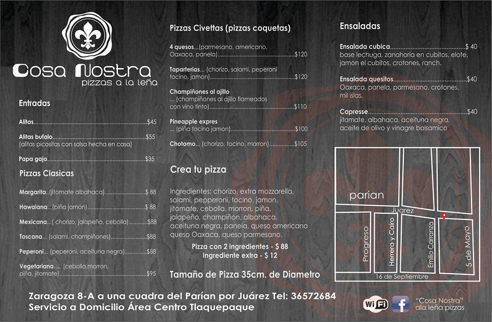 Menu at "Cosa Nostra" a la leña Pizzas pizzeria, Tlaquepaque
