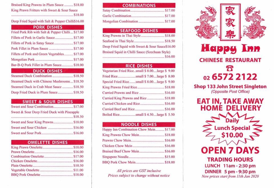 Menu at Happy Inn Restaurant, Singleton