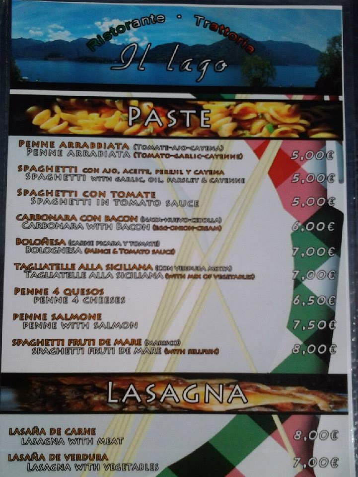 Menu at Il Lago Restaurante Pizzeria, Benalmádena