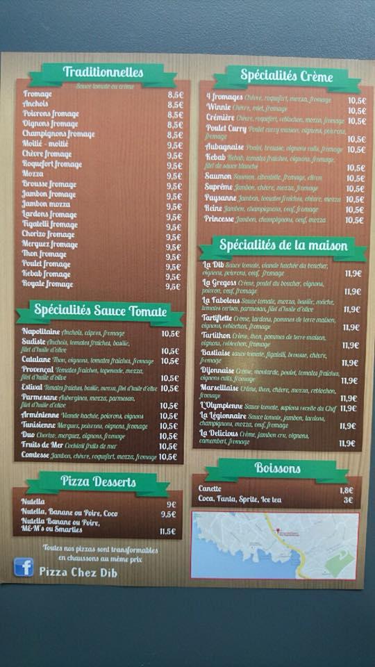 Menu at Pizza Chez Dib restaurant, Marseille