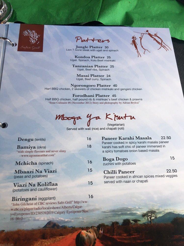 Menu at Safari Grill restaurant, Calgary