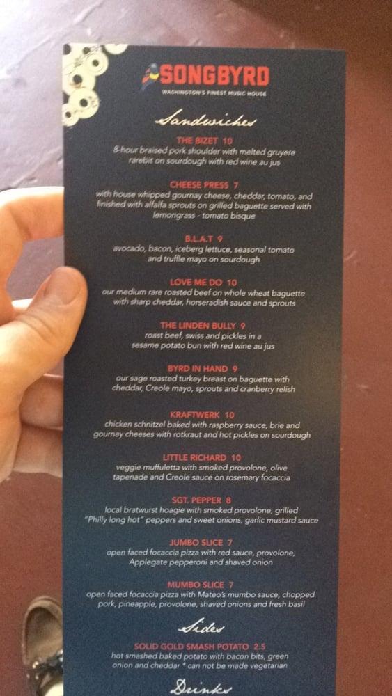 Menu at Songbyrd pub & bar, Washington