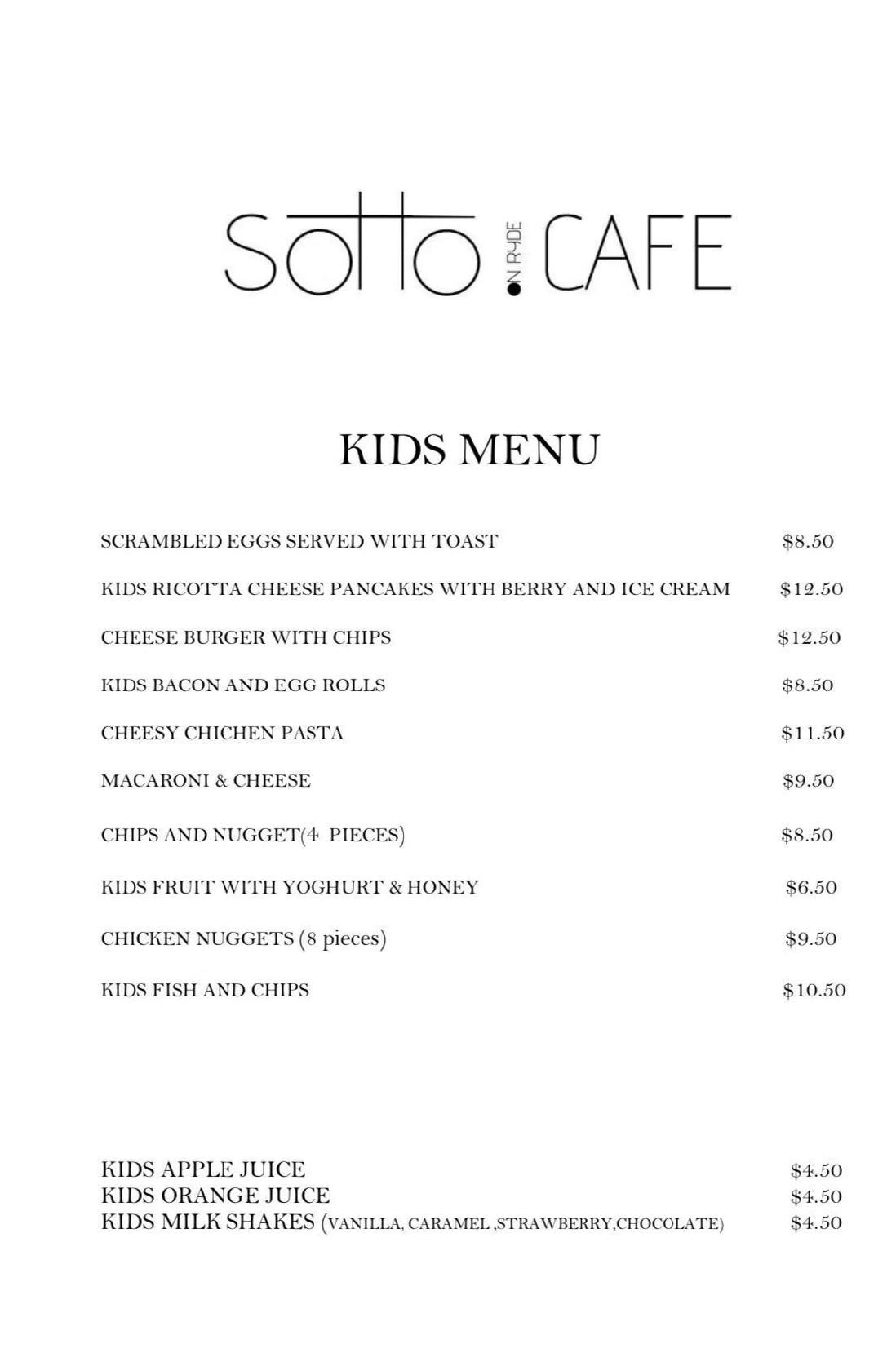Menu at Sotto on Ryde cafe, Ryde