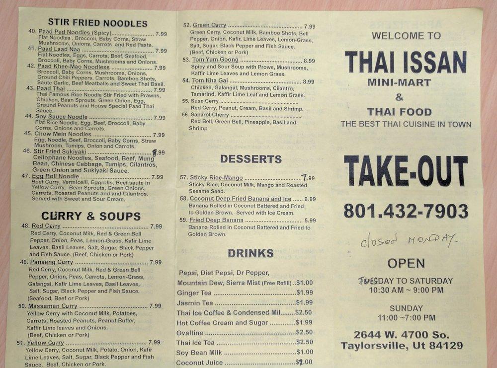 Menu at Thai Issan restaurant, Taylorsville