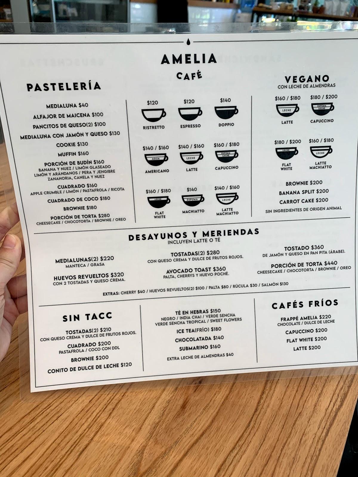 Menu at Amelia Café, Buenos Aires