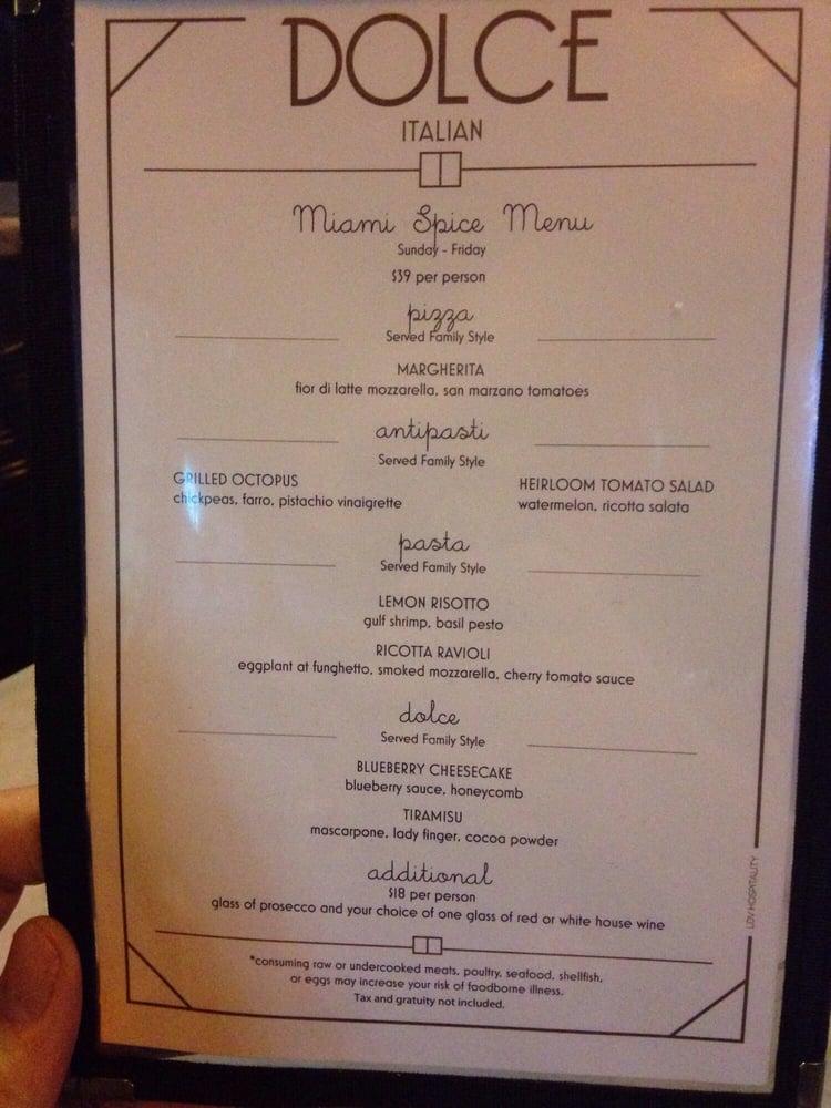 Menu at Dolce Italian Miami restaurant, Miami Beach