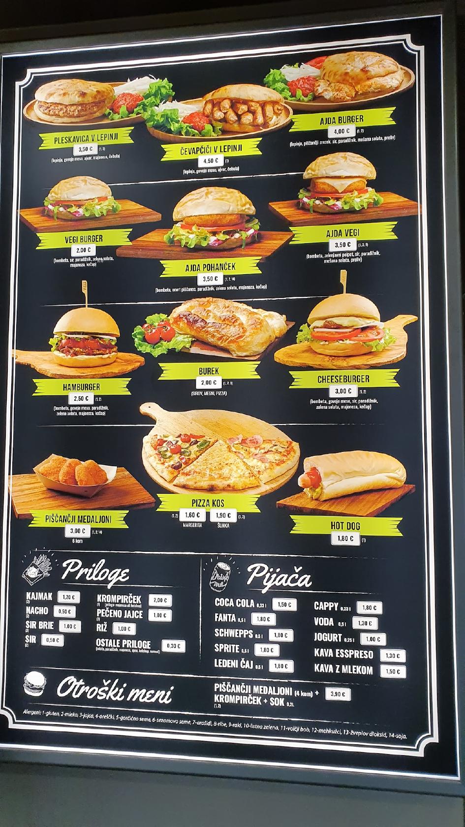 Speisekarte von Fast Food Ajda, Ljubljana, Trg Osvobodilne fronte 13