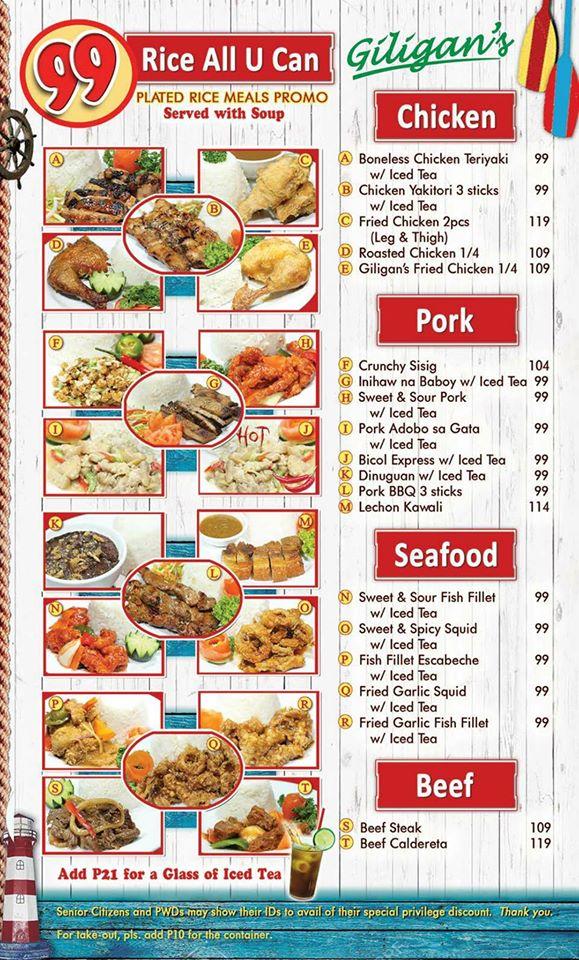 Menu at Giligan's restaurant, Muntinlupa, Ayala Malls South Park Unit R ...