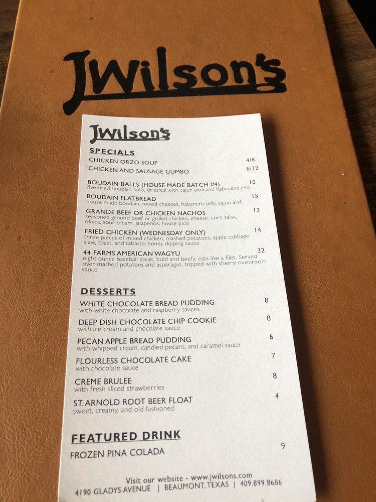 Menu at JWilson's pub & bar, Beaumont