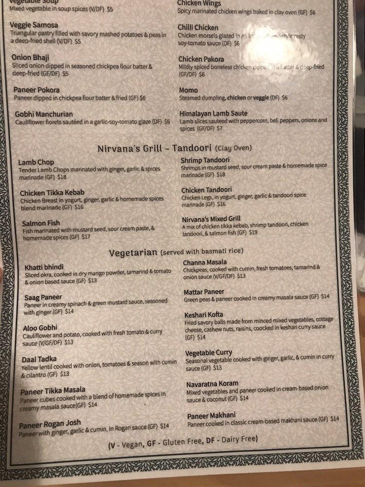 Menu at Nirvana Culinary Paradise restaurant, Cañon City