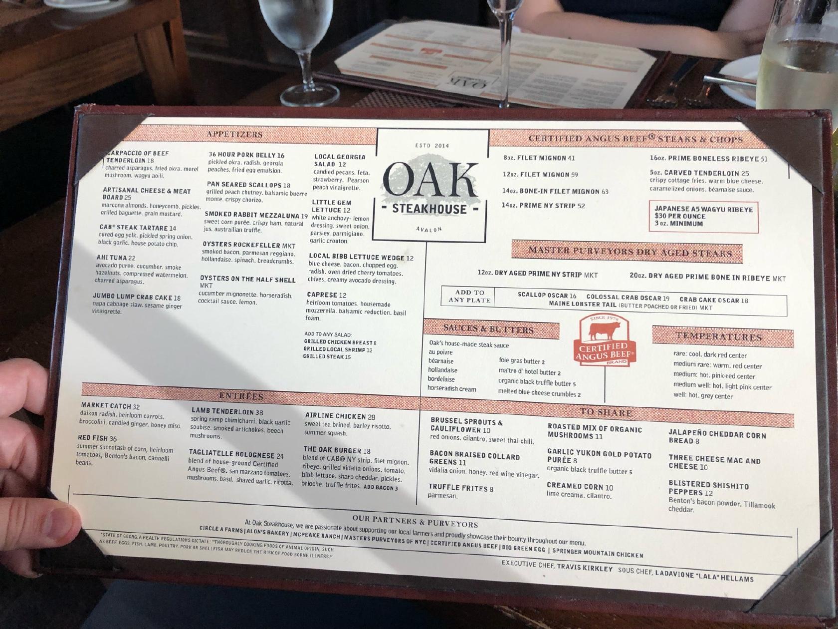 Menu at Oak Steakhouse, Alpharetta