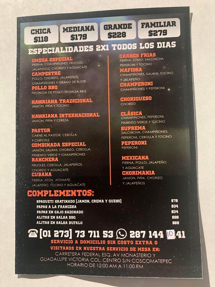 Carta del restaurante Omega Pizza, Coscomatepec del Bravo