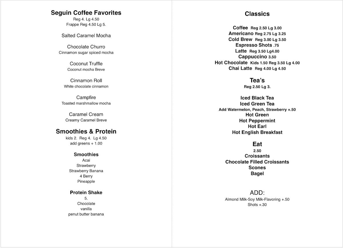 Menu at Seguin Coffee Company pub & bar, Seguin
