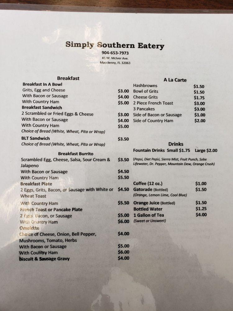 Menu at Simply Southern Eatery restaurant, Macclenny
