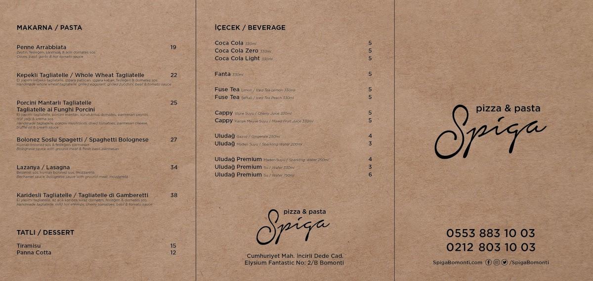 Menu at Spiga Pizza & Pasta, Istanbul