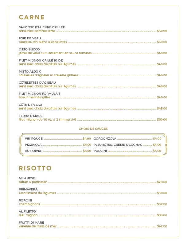 Menu at La Medusa restaurant, Montreal