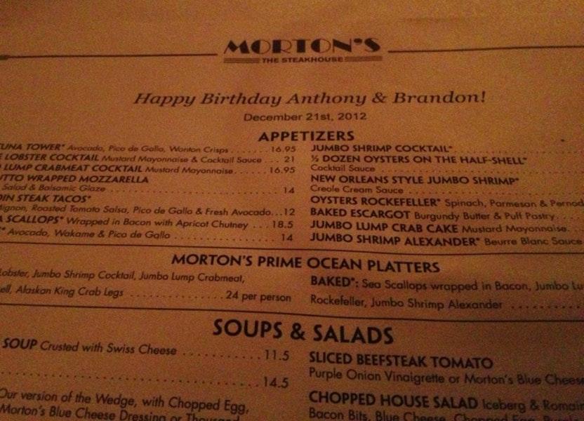 Menu at Morton's The Steakhouse, Pittsburgh