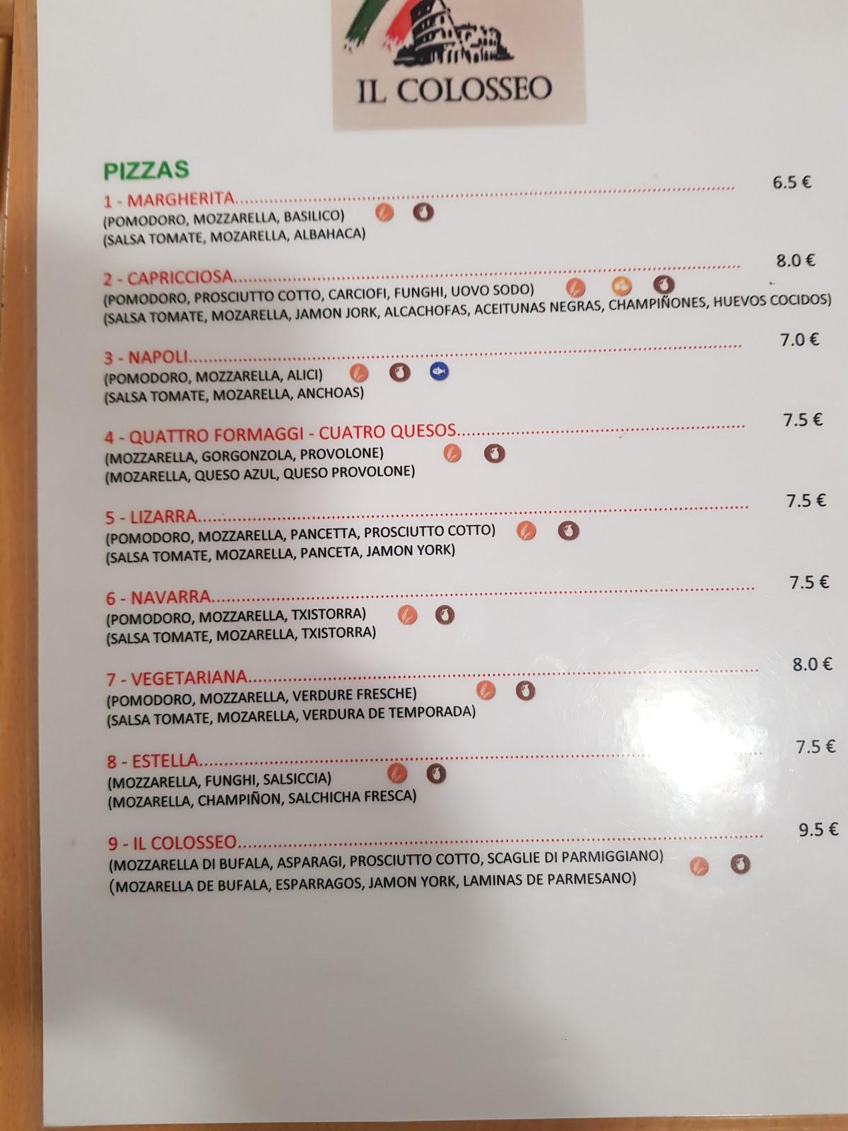 Menu at Pizzeria Il Colosseo, Estella