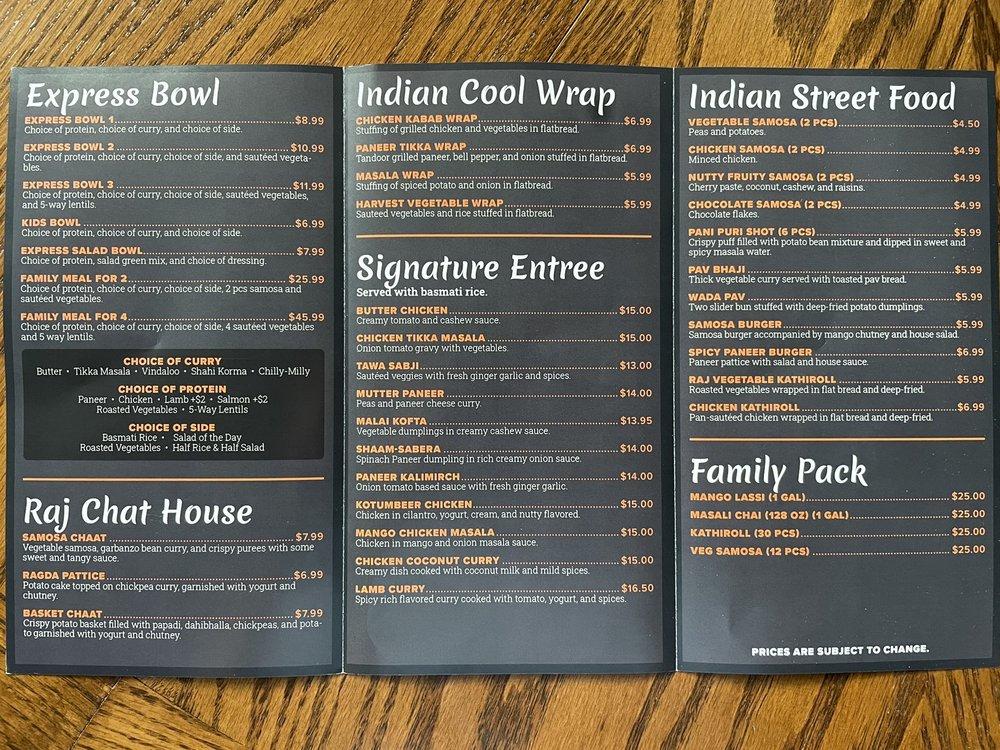 Menu at RAJ EXPRESS INDIAN KITCHEN restaurant, Overland Park