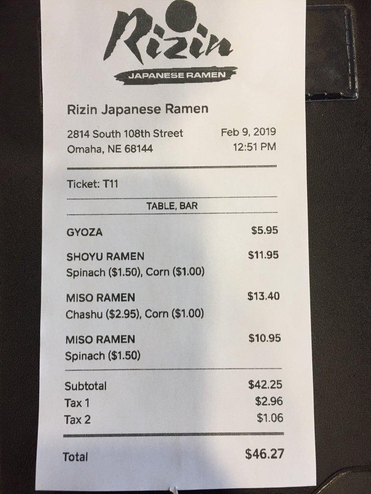 Menu at Rizin Japanese Ramen (来迅 ライジン) restaurant, Omaha