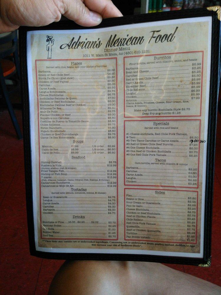 Menu at Adrian's #2 restaurant, Mesa