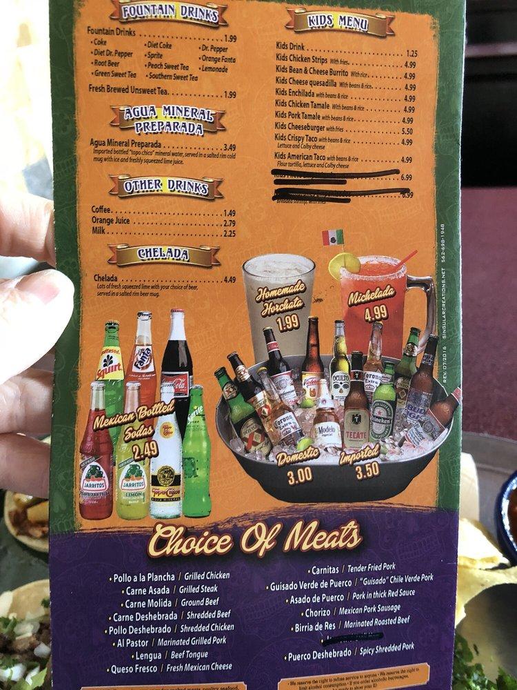 Menu at Calaveras Mexican Grill restaurant, Tulsa