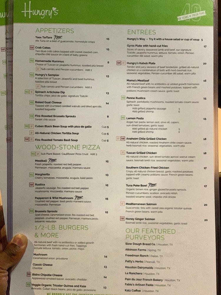 Menu at Hungry's restaurant, Houston, Rice Boulevard fl 2