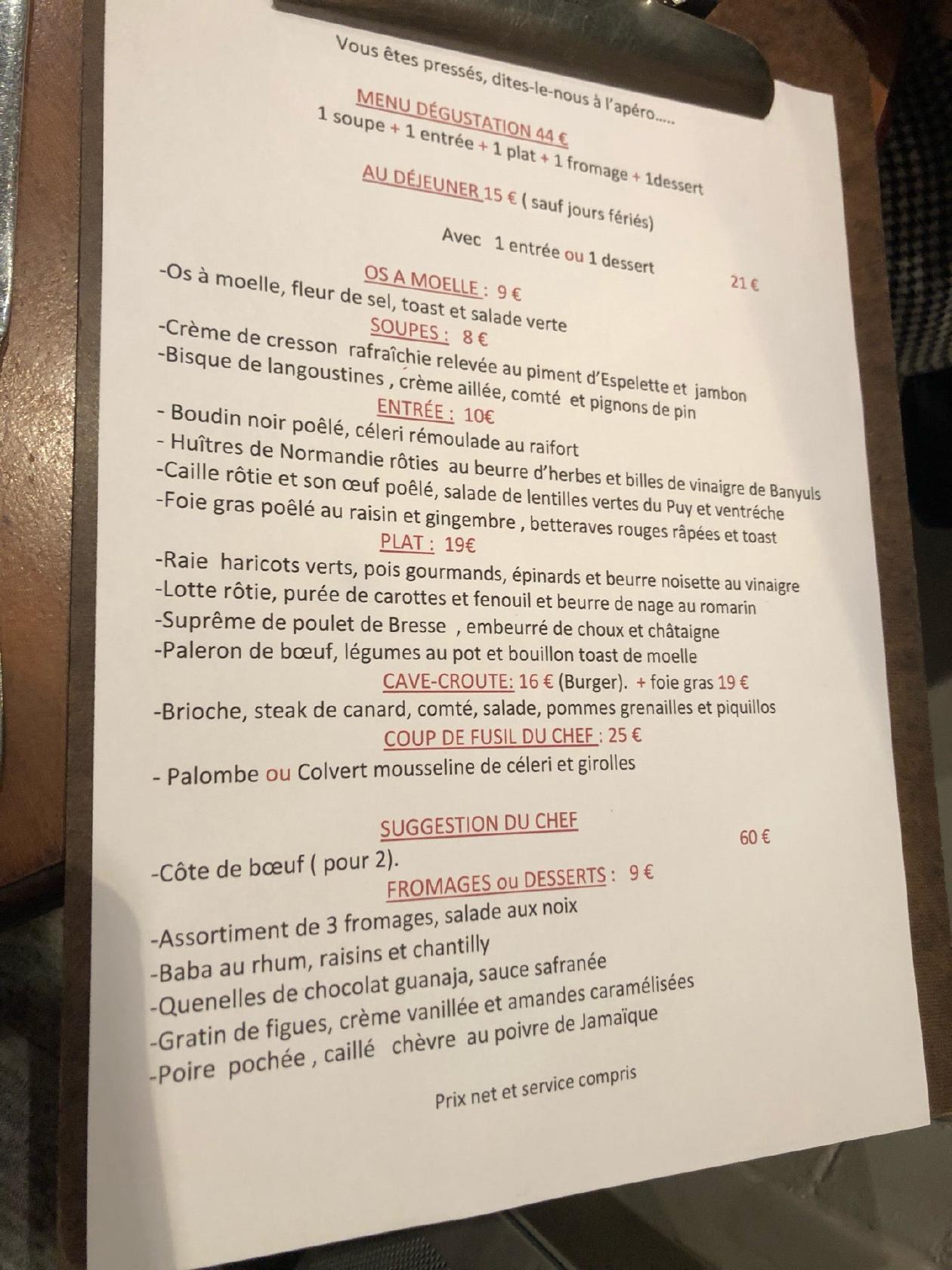 Menu at L'Os à Moelle restaurant, Paris, 3 Rue Vasco de Gama