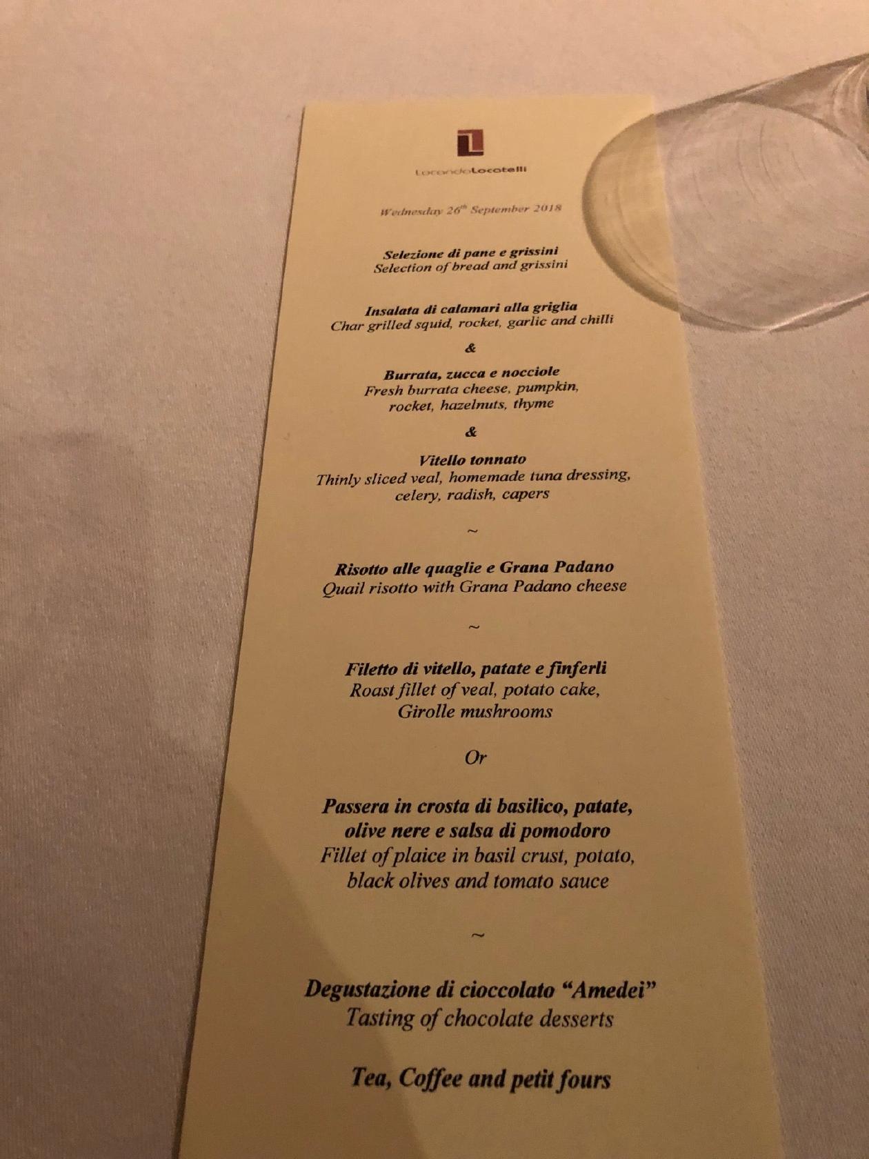 Menu at Locanda Locatelli restaurant, London