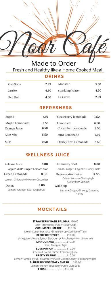 Menu at Noor cafe, Los Angeles