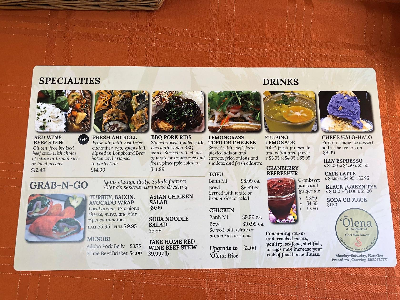 Menu at ‘Ōlena by Chef Ron Simon restaurant, Honolulu