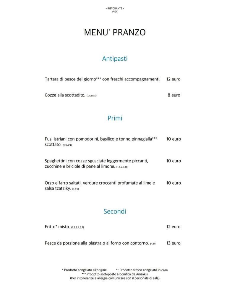 Menu at PIER restaurant, Trieste