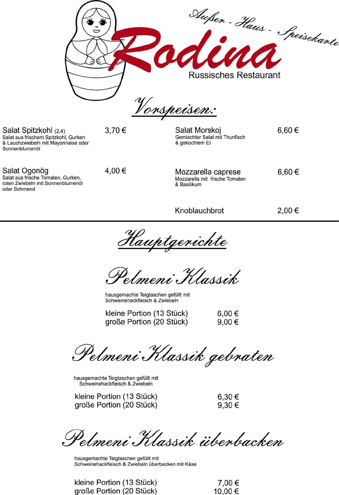 Speisekarte von Restaurant Rodina, Mittweida