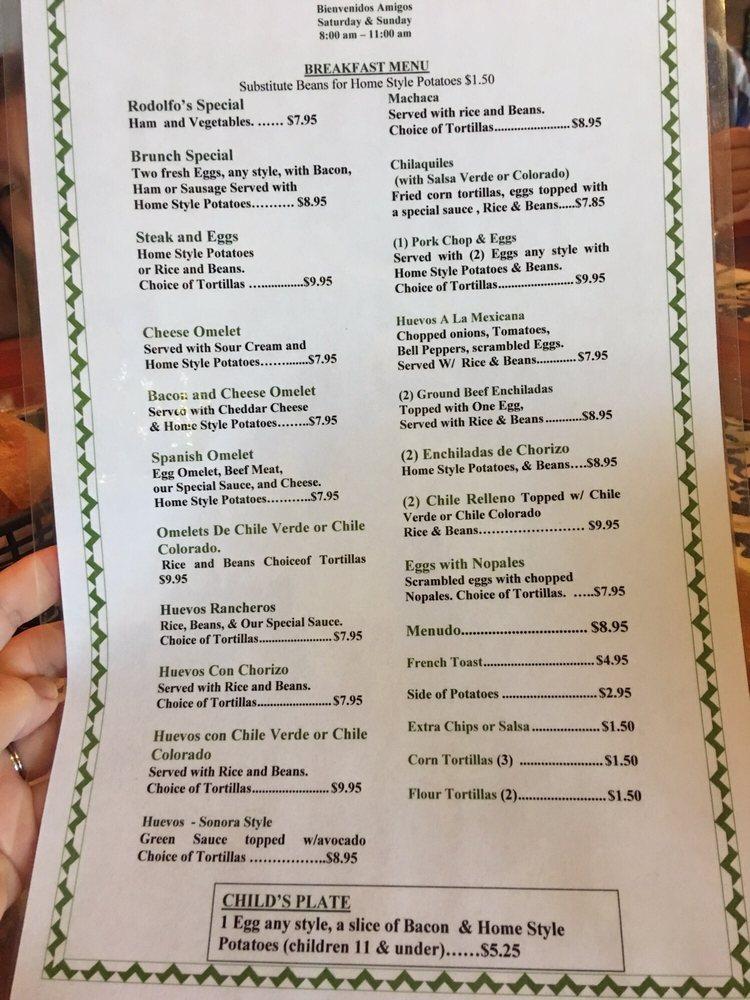 Menu at Rodolfo's restaurant, Selma