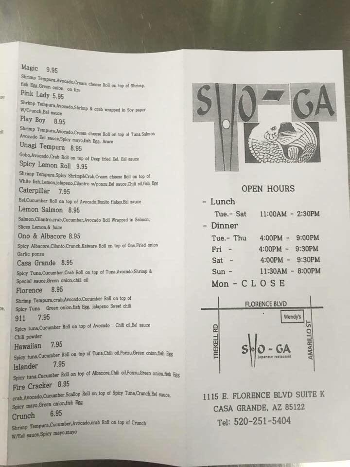 Menu at Sho-Ga Japanese Restaurant, Casa Grande, E Florence Blvd