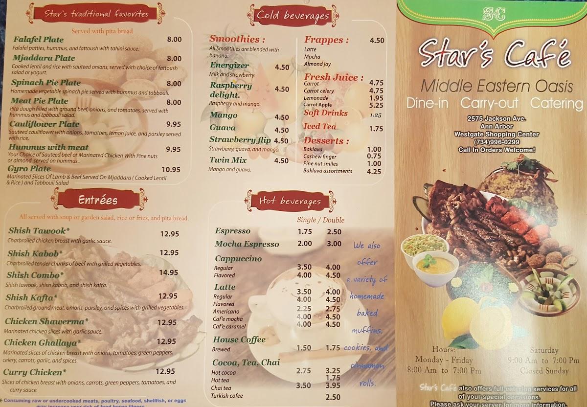 Menu at Star's Cafe, Ann Arbor