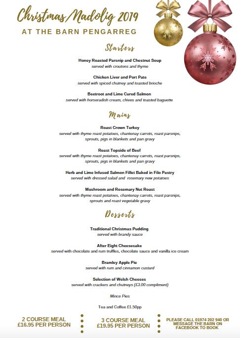 Menu at The Barn at Pengarreg, Llanrhystud, A487