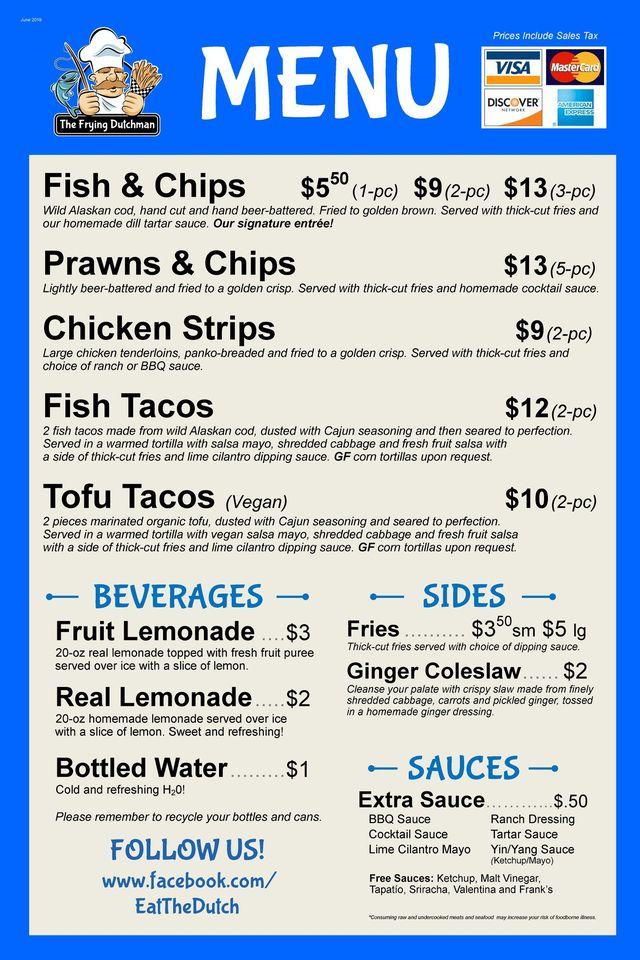 Menu at The Frying Dutchman restaurant, Milton